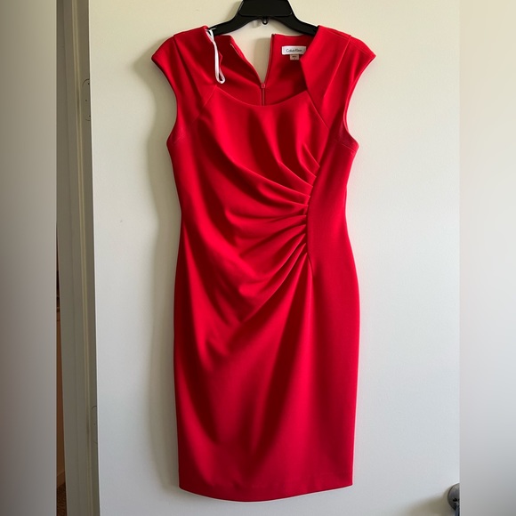 Calvin Klein | Dresses | Calvin Klein Red Dress With Asymmetrical ...